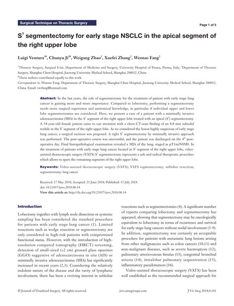 Pdf Three Port Vats Right Apical S1 Segmentectomy For A Mia In The Apical Segment Of The