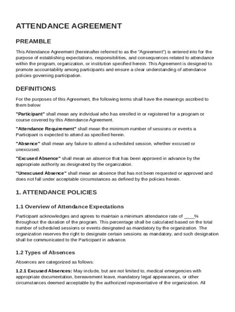 Printable Attendance Contract Template Ncejomunicipaldechinu