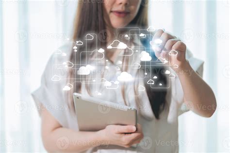 Cloud Technology Concept Business Woman Hand Touch Clound Computing Technology Internet Storage