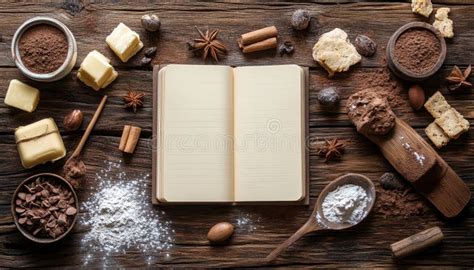 Baking Ingredients And Open Notebook Mockup For Recipe Notes On Rustic
