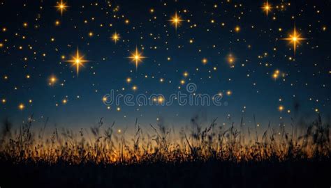 Twilight Sky With Glowing Constellations Over A Grassy Horizon Stock Image Image Of Wonder