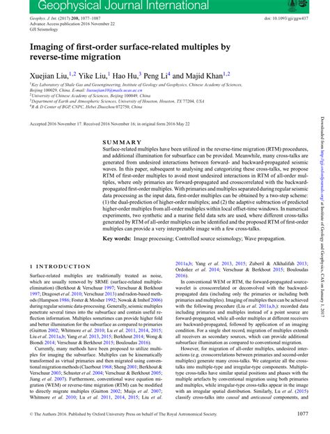 Pdf Imaging Of First Order Surface Related Multiples By Reverse Time Migration
