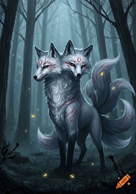 A White Kitsune Fox With Multiple Tails Face Markings And A Halo In A