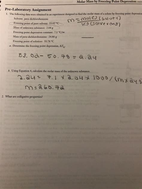 Solved Molar Mass By Freezing Point Depression Con
