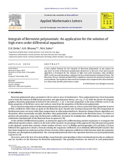 Pdf Integrals Of Bernstein Polynomials An Application For The Solution Of High Even Order