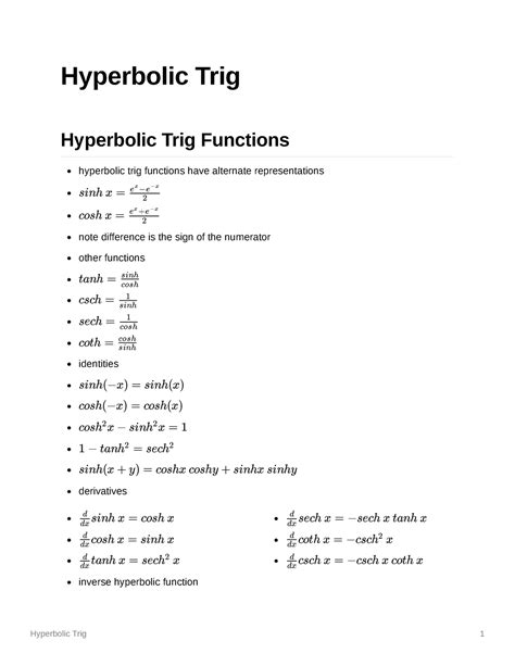 Hyperbolic Trig Studocu