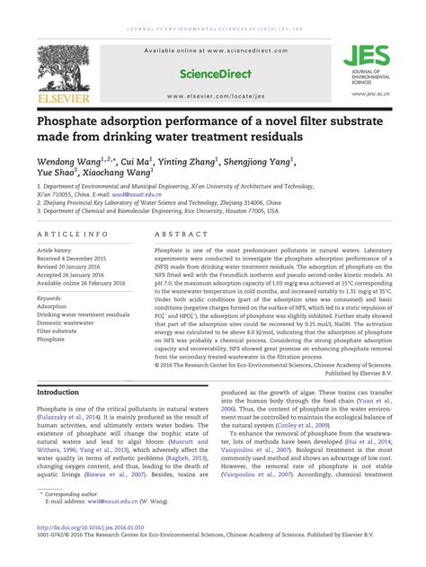 Pdf Phosphate Adsorption Performance Of A Novel Filter Substrate Made