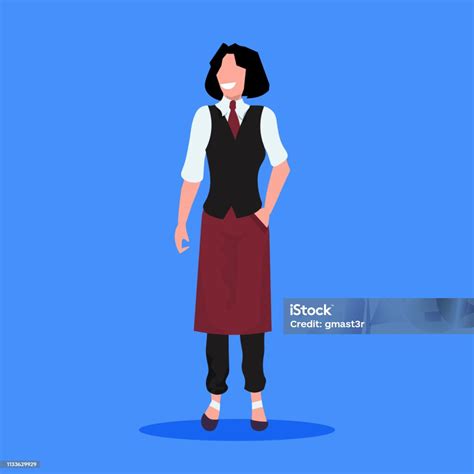 전문 여성 웨이트리스에 제복 스탠 딩 포즈 레스토랑 직원 전문 직업 개념 여성 만화 캐릭터 전체 길이 파란색 배경 플랫 갈색 머리에 대한 스톡 벡터 아트 및 기타 이미지