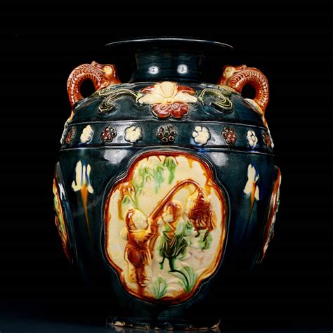 A Rare Tang Tri Color Glazed Pottery Character And Story Pattern Double