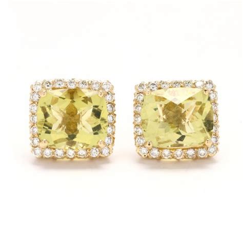 Gold Praseolite Quartz And Diamond Earrings Lot 1075