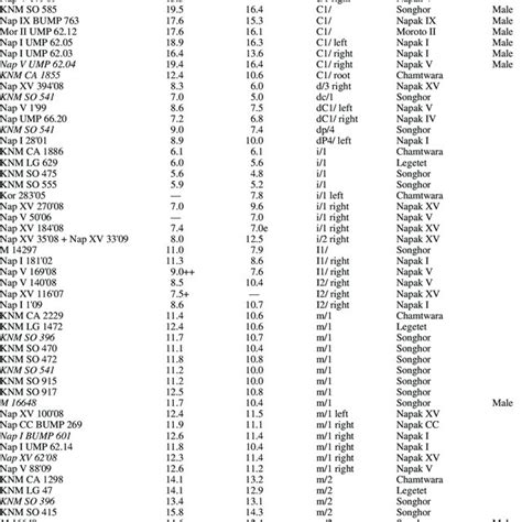 Dental Specimen List With Measurements And Sex Determination Of