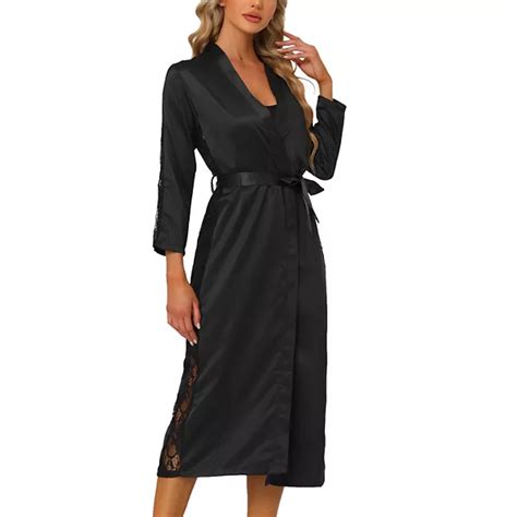 Womens Satin Robe Lace Trim Long Sleeve Kimono Dressing Gown Bathrobe