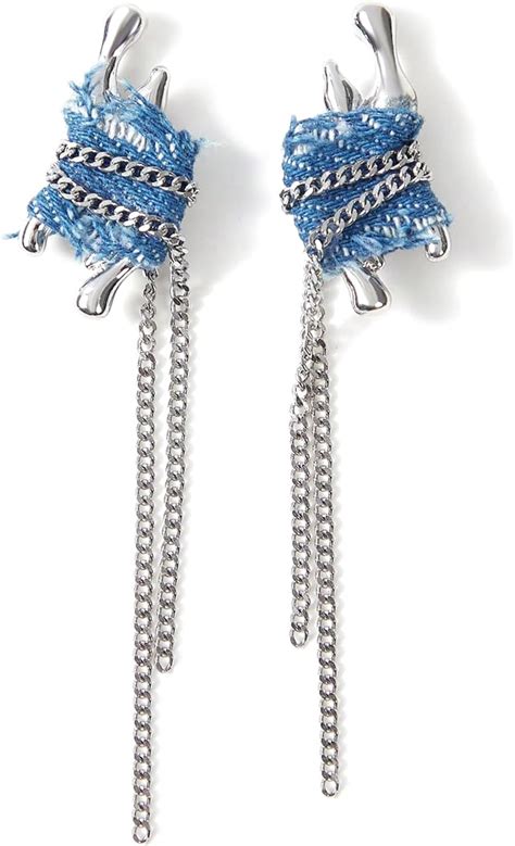 Sikkis Blue Denim Dangle Earrings Linear Drop Tassel