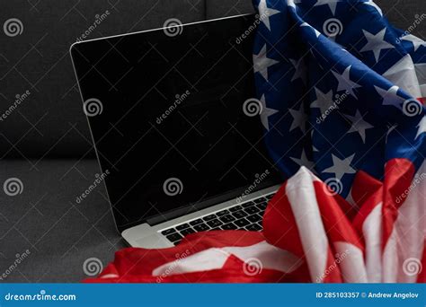 Internet And Network Security Computer With Binary Computer Code And American Flag Stock Image
