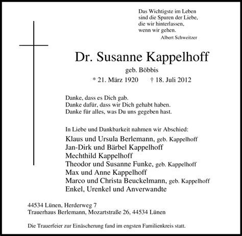 Traueranzeigen Von Susanne Kappelhoff Trauer In Nrw De