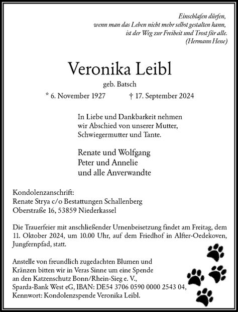 Traueranzeigen Von Veronika Leibl Ga Trauer De