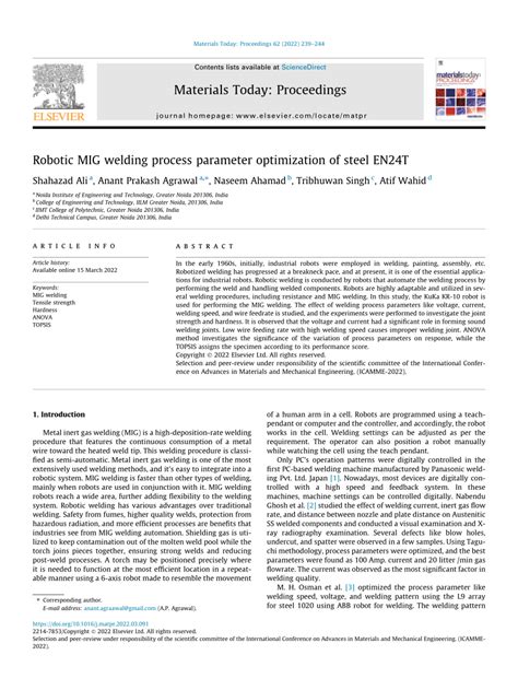 (PDF) Robotic MIG welding process parameter optimization of steel EN24T