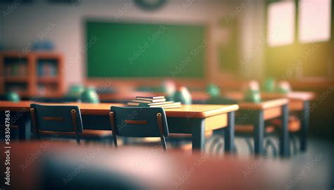 A Classroom Setting With A Blurred Background And An Empty Student Desk