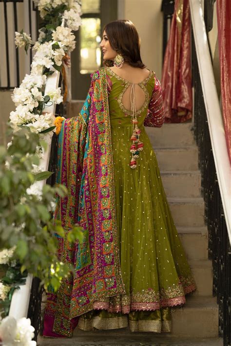 Pishwas Frock Lehenga Lime Green Pakistani Bridal Dress Large