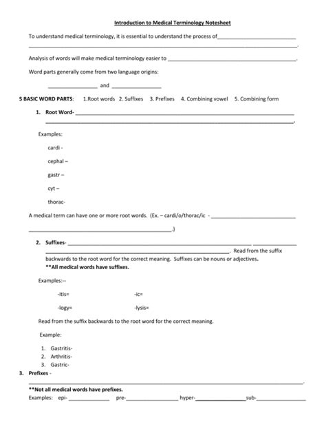 Medical Terminology Notesheet Word Parts And Definitions