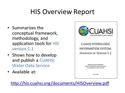 Overview Of Cuahsi His Version 11 David R Maidment Director Center
