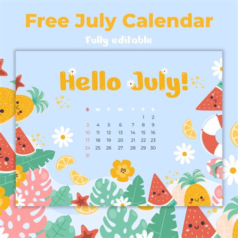Editable July Calendar