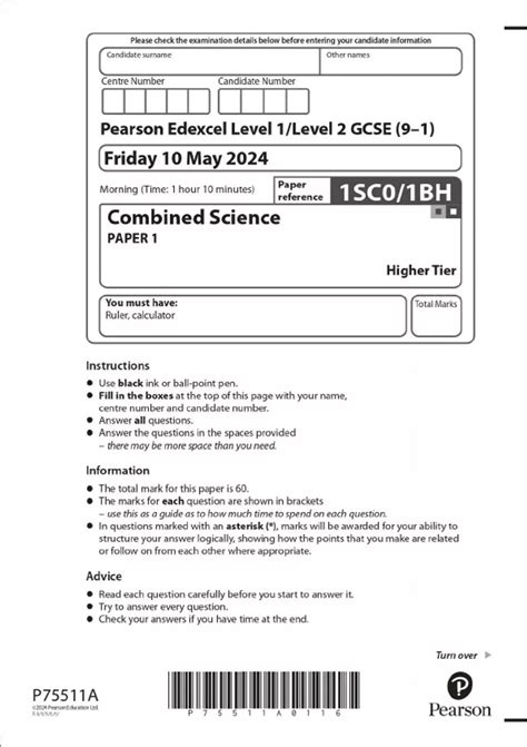 Gcse Edexcel 2024 Higher Combined Science Biology Paper 1 Paper 1 Science Stuvia Uk