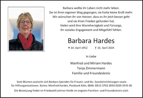 Traueranzeigen Von Barbara Hardes Wirtrauern