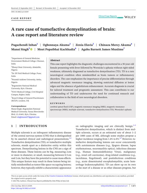 Pdf A Rare Case Of Tumefactive Demyelination Of Brain A Case Report