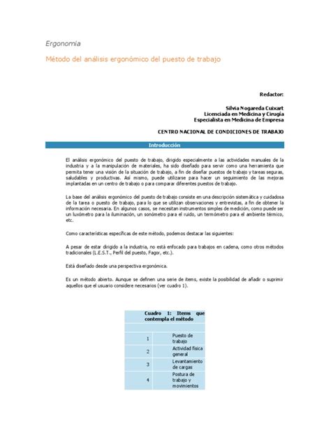 Análisis Ergonómico Del Puesto De Trabajo Pdf Factores Humanos Y