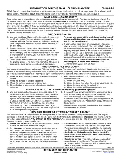 Sc 100 Info Information For The Small Claims Plaintiff Fill Out And