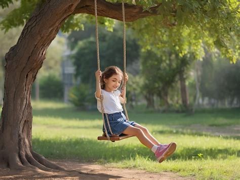 Premium Photo A Girl Is Swinging On A Swing Under A Tree