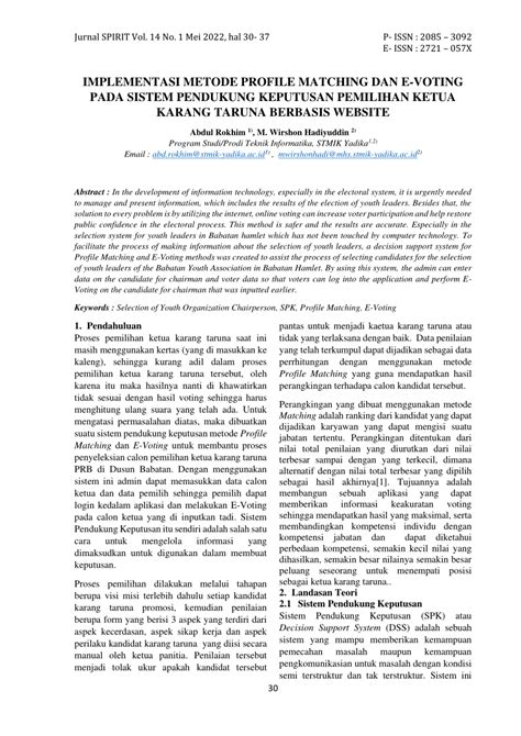 Pdf Implementasi Metode Profile Matching Dan E Voting Pada Sistem