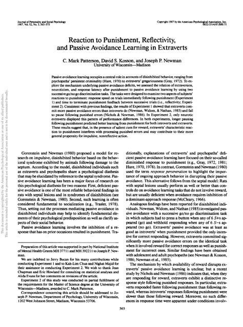 Pdf Reaction To Punishment Reflectivity And Passive Avoidance