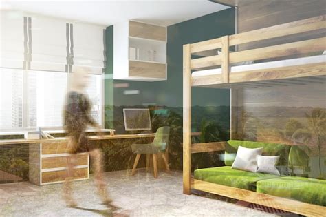 Premium Photo Modern Home Office With Dark Green And Wooden Walls A Concrete Floor A