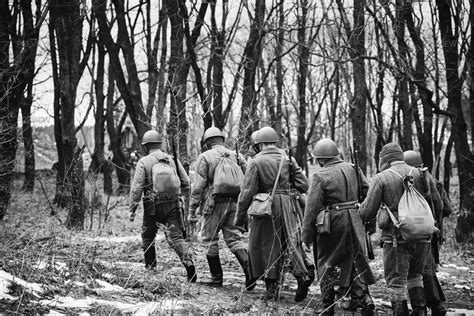 Group Of Re Enactors Wearing Uniform As Red Army Soldiers Stock