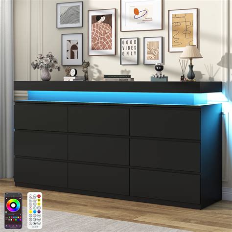 Chvans Black 9 Drawer Dresser With Led Lights 63 Wide Modern Wood