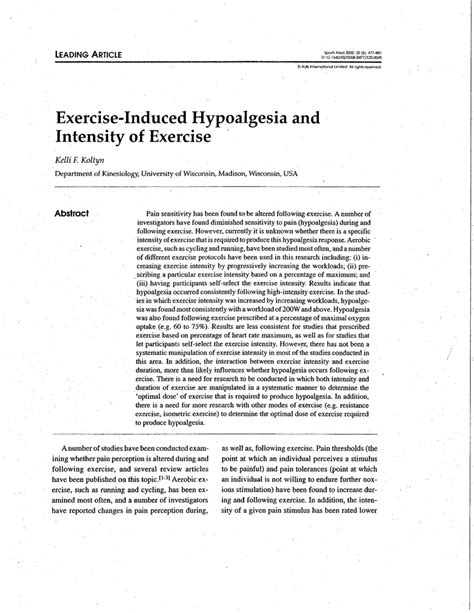 Pdf Exercise Induced Hypoalgesia And Intensity Of Exercise