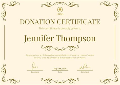 Printable Template Donation Certificate Word