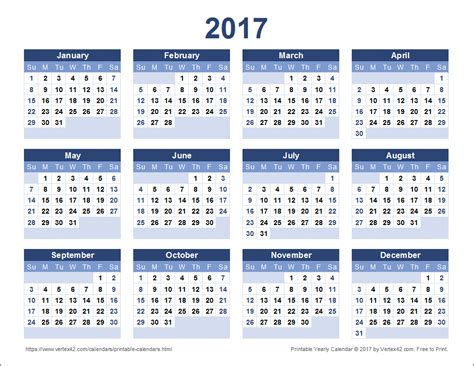 2017 Monthly Calendar Template Printable