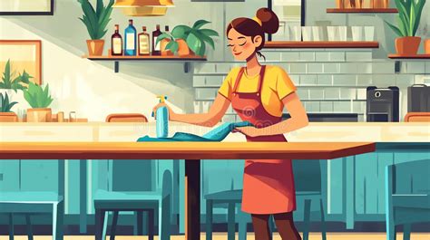 Cafe Cleaning Illustration A Woman Cleaning A Table Stock Image