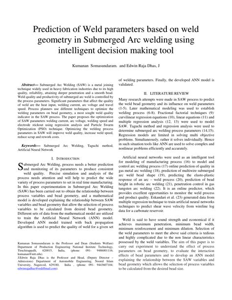Pdf Prediction Of Weld Parameter Based On Weld Geometry In Saw Using