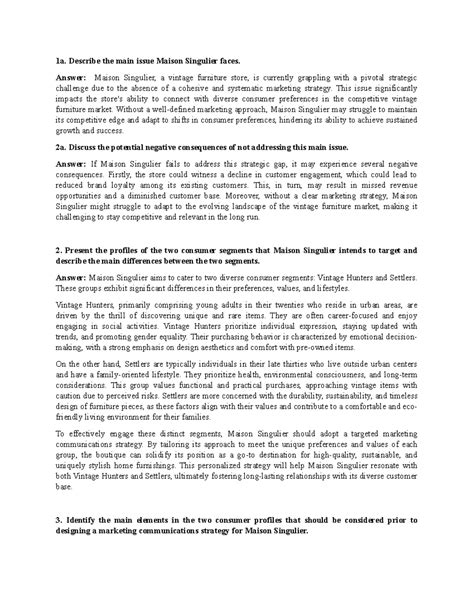 Consumer Behavior Assignment 1 1a Describe The Main Issue Maison