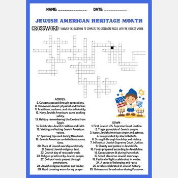 Jewish American Heritage Month Crossword Puzzle Worksheet Activity