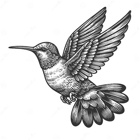 Hummingbird In Flight Engraving Sketch Raster Stock Illustration