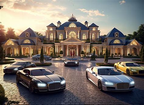 Luxury Mansion With Four Cars At Sunset