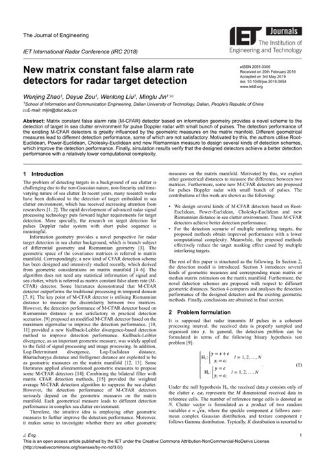 Pdf New Matrix Constant False Alarm Rate Detectors For Radar Target
