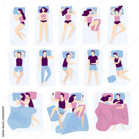Sleep People Set Person Sleeping In Bed Alone Asleep Couple At