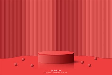 빨간색 3d 실린더 연단 받침대는 물결 모양의 벽 배경과 구체 공으로 사실적입니다 쇼케이스를 위한 무대 3d 벡터 기하학적