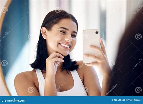 Mirror Selfie Happy Woman And Phone Beauty And Skincare In Bathroom